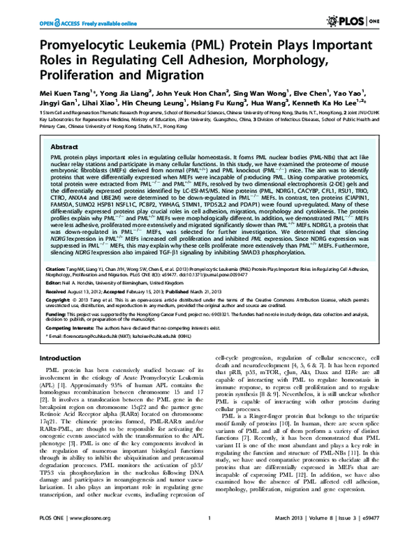 (PDF) Promyelocytic Leukemia (PML) Protein Plays Important Roles in ...