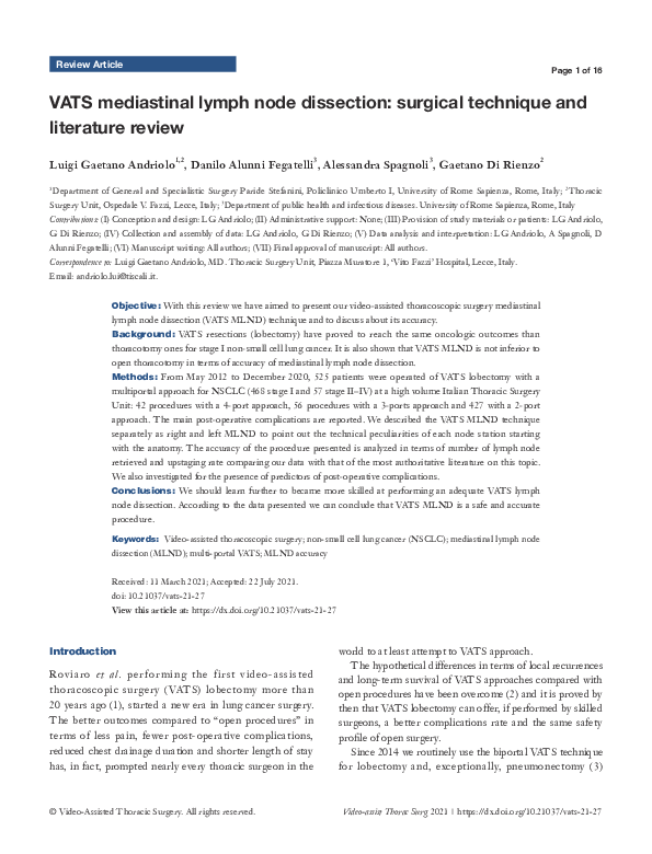 (PDF) VATS mediastinal lymph node dissection: surgical technique and ...