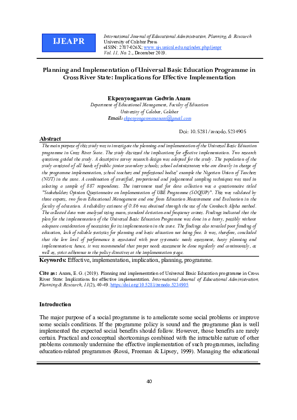(PDF) Planning and Implementation of Universal Basic Education ...