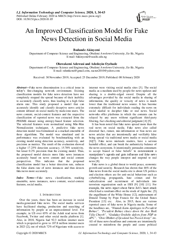 Pdf An Improved Classification Model For Fake News Detection In