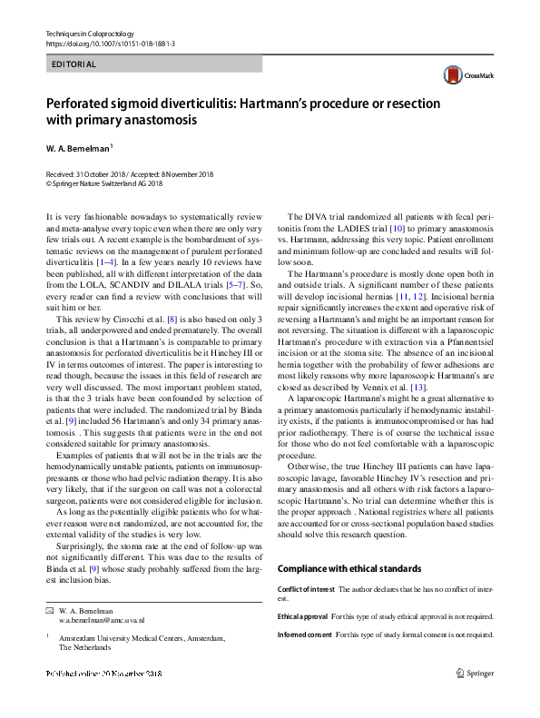(PDF) Perforated sigmoid diverticulitis: Hartmann’s procedure or ...