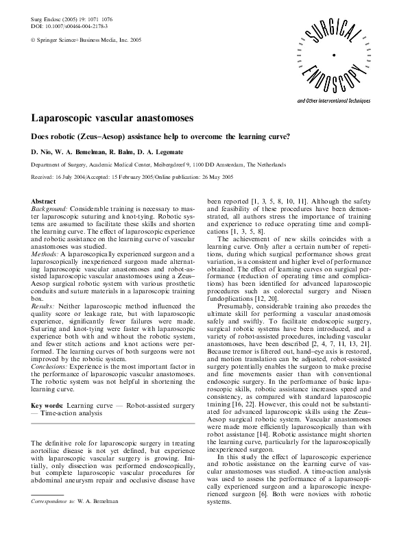 (PDF) Laparoscopic vascular anastomoses: does robotic (Zeus–Aesop ...