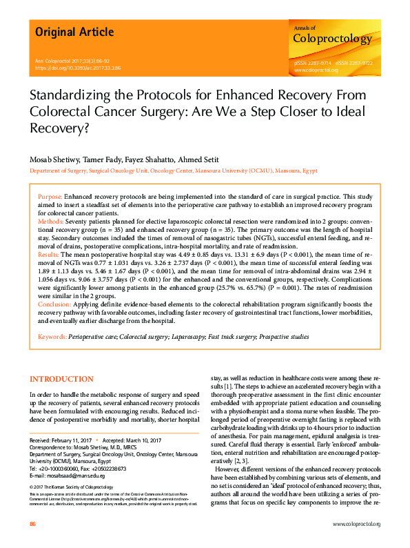 (PDF) Standardizing the Protocols for Enhanced Recovery From Colorectal ...