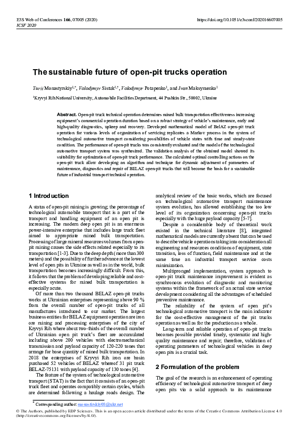 (PDF) Optimizing Open-Pit Truck Operations with Maintenance Models