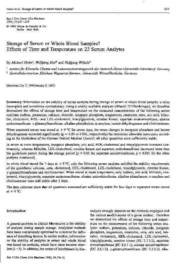 (PDF) Storage of Serum or Whole Blood Samples? Effects of Time and ...