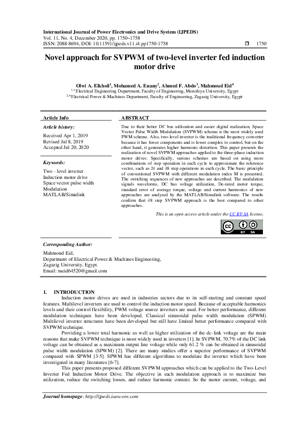 Pdf Novel Approach For Svpwm Of Two Level Inverter Fed Induction Motor Drive