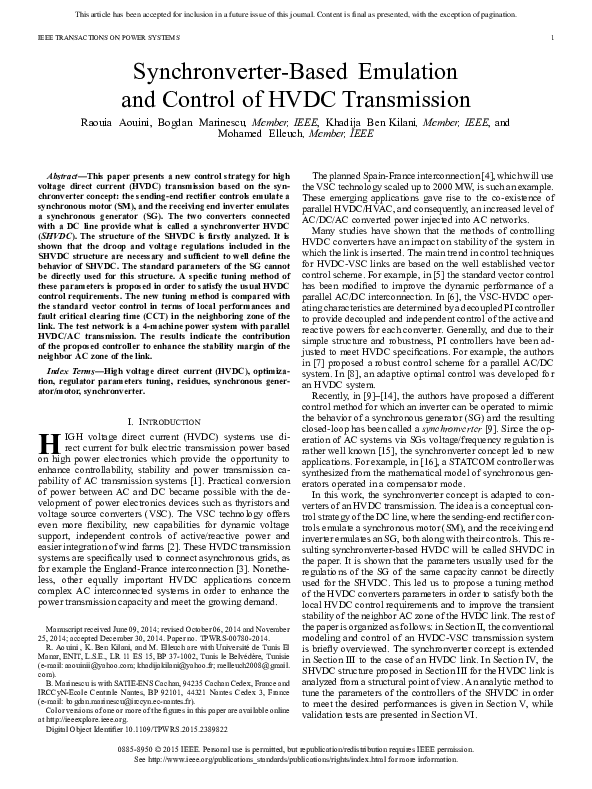 (PDF) Synchronverter-Based Emulation and Control of HVDC Transmission