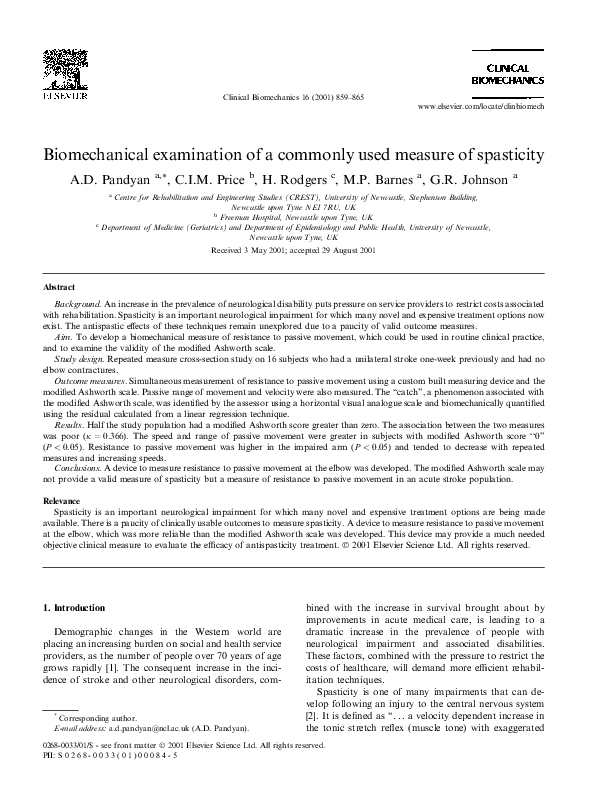 (PDF) Biomechanical examination of a commonly used measure of spasticity