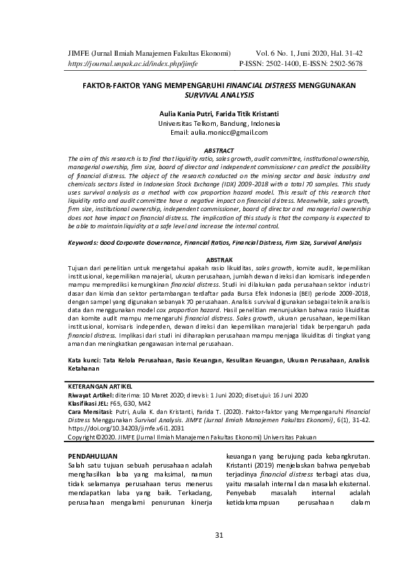 (PDF) Faktor-Faktor Yang Mempengaruhi Financial Distress Menggunakan Survival Analysis
