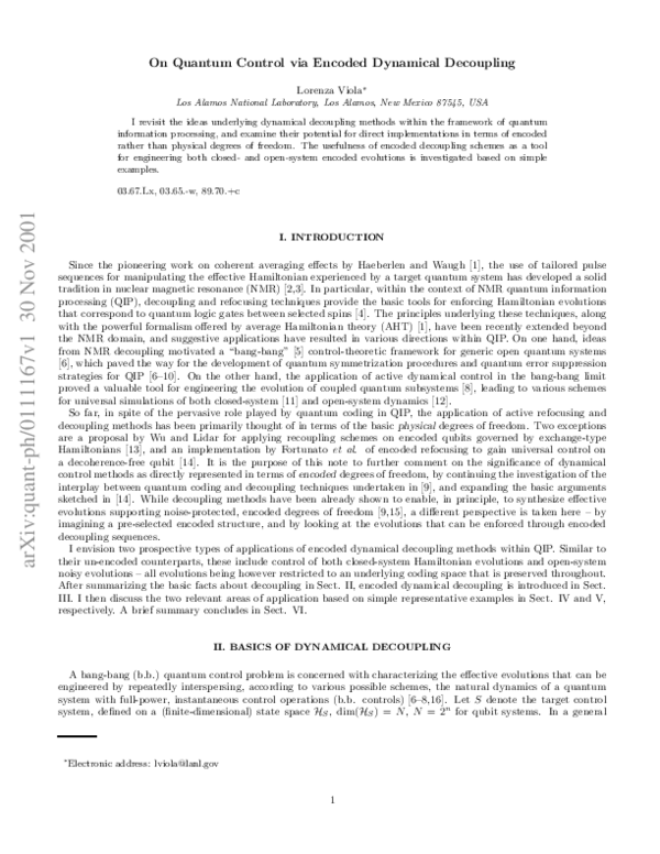 (PDF) Quantum control via encoded dynamical decoupling