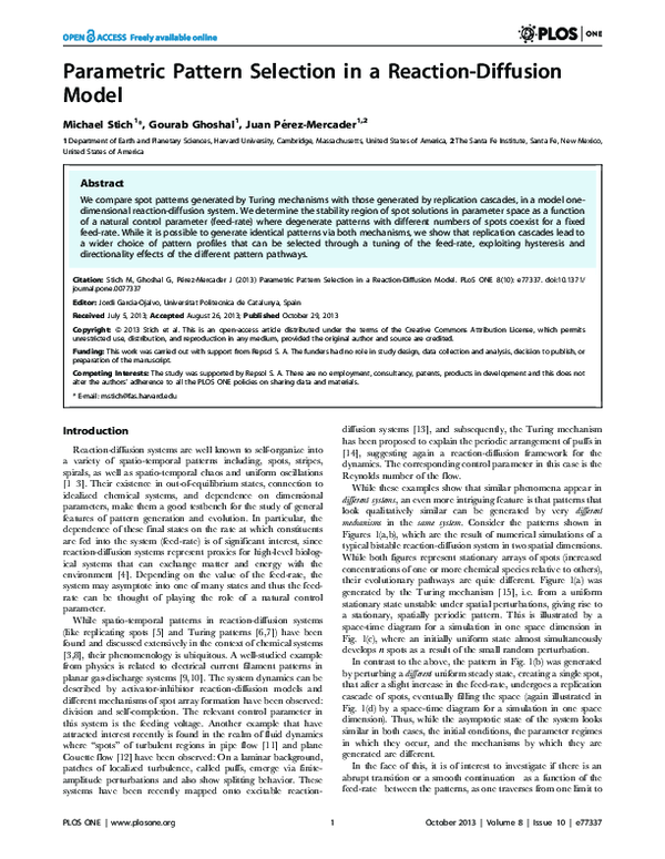 (PDF) Parametric Pattern Selection in a Reaction-Diffusion Model