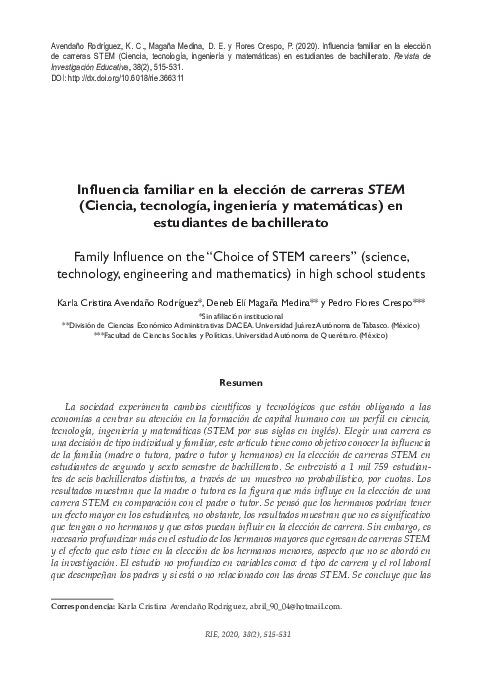 (PDF) Influencia familiar en la elección de carreras STEM (Ciencia ...