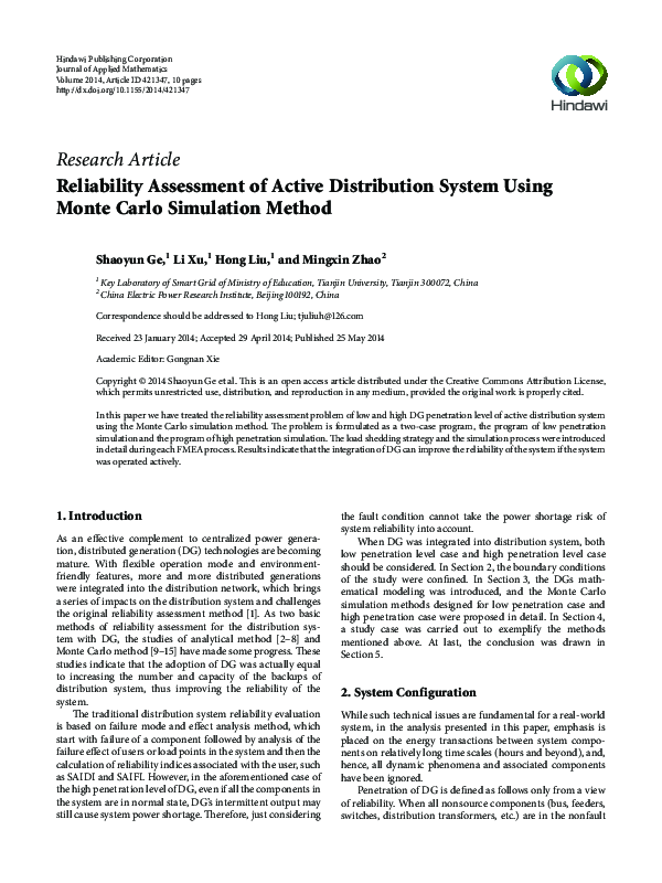 Pdf Reliability Assessment Of Active Distribution System Using Monte Carlo Simulation Method