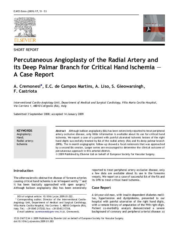 (PDF) Percutaneous Angioplasty of the Radial Artery and Its Deep Palmar ...