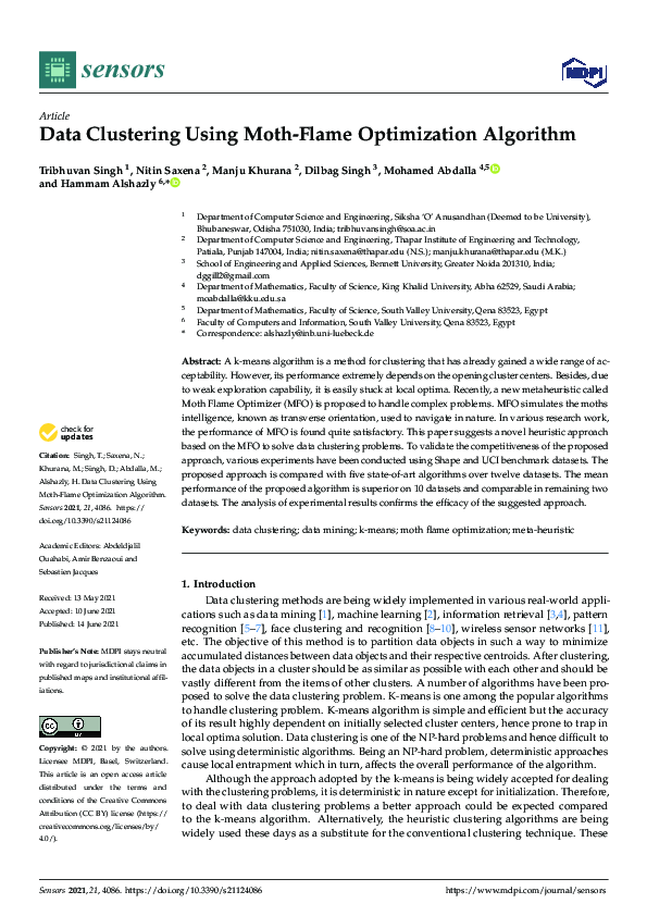 Pdf Data Clustering Using Moth Flame Optimization Algorithm