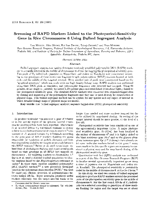 (PDF) Screening of RAPD Markers Linked to the Photoperiod-Sensitivity ...