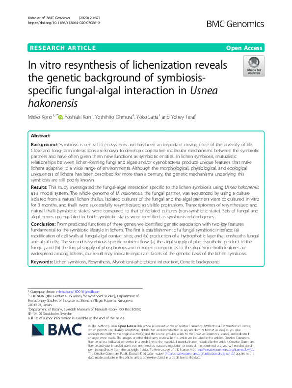 (PDF) In vitro resynthesis of lichenization reveals the genetic ...