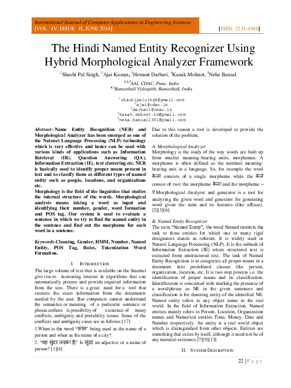 (PDF) The Hindi Named Entity Recognizer Using Hybrid Morphological Analyzer Framework