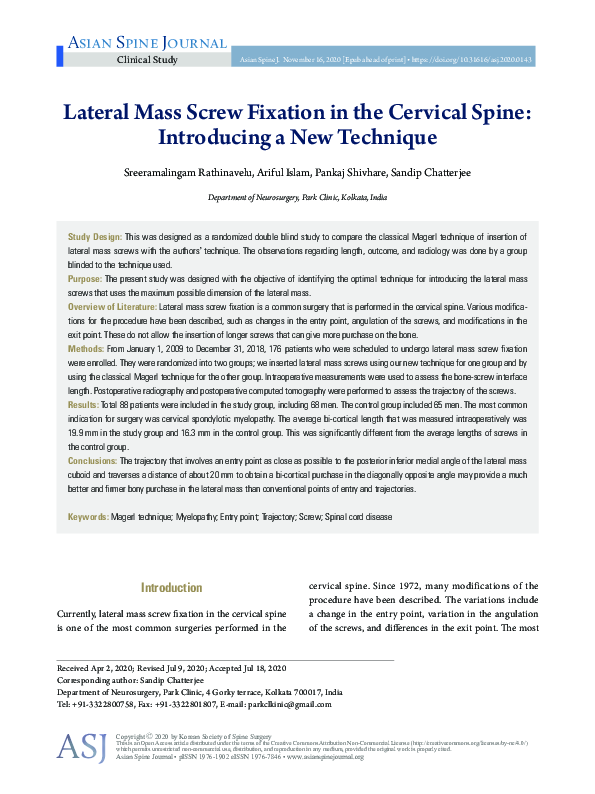 (PDF) Lateral Mass Screw Fixation in the Cervical Spine: Introducing a ...