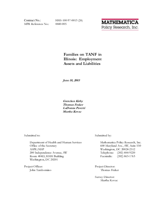 (PDF) Families on TANF in Illinois: Employment Assets and Liabilities ...