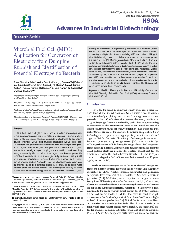 (PDF) Microbial Fuel Cell (MFC) Application for Generation of ...