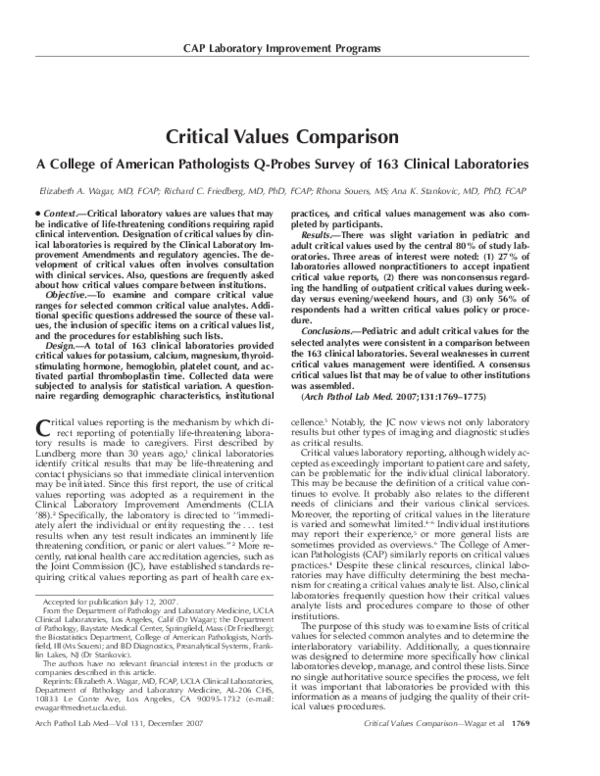 (PDF) Critical values comparison: a College of American Pathologists Q ...