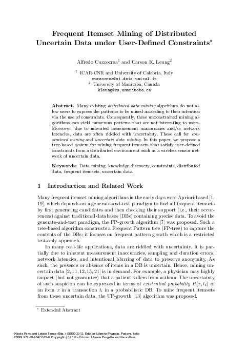 (PDF) Frequent itemset mining of distributed uncertain data under user-defined constraints