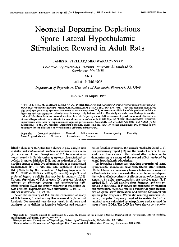 (PDF) Neonatal dopamine depletions spare lateral hypothalamic ...