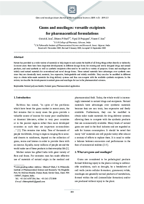 (PDF) Gums and mucilages: versatile excipients for pharmaceutical ...