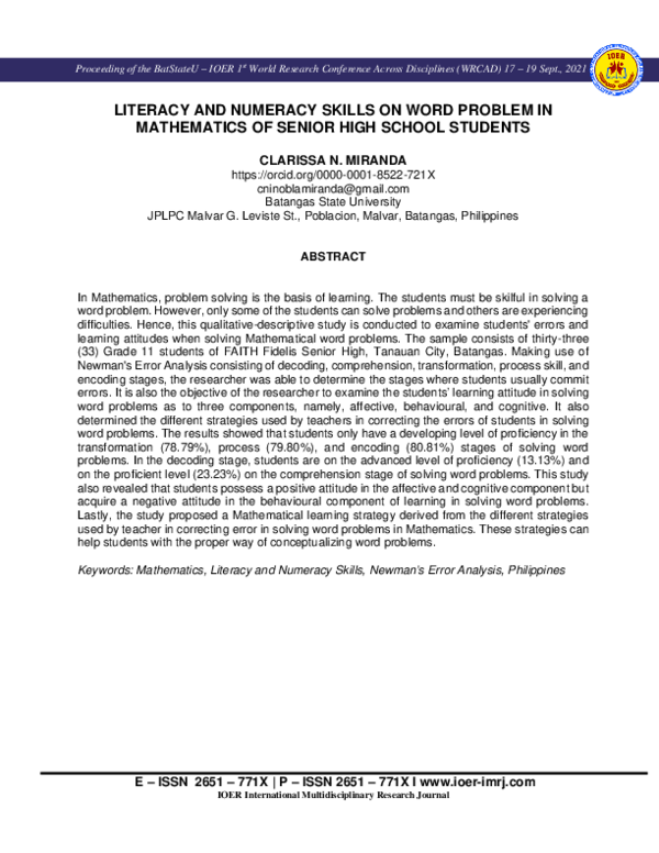 (PDF) LITERACY AND NUMERACY SKILLS ON WORD PROBLEM IN MATHEMATICS OF SENIOR HIGH SCHOOL STUDENTS