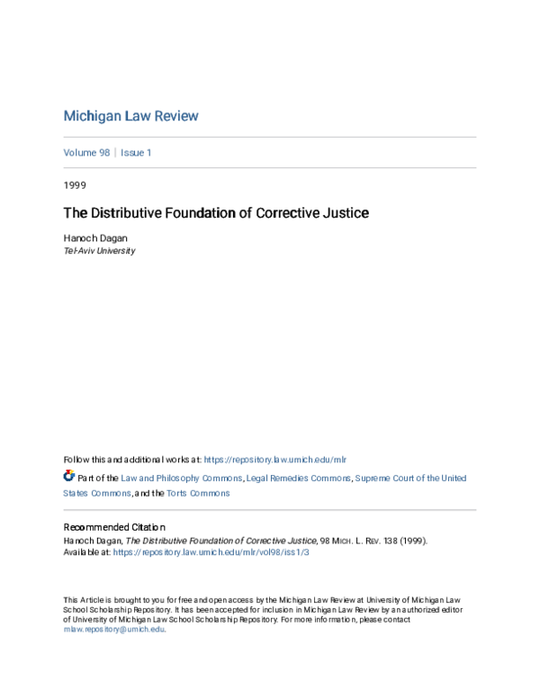 (PDF) The Distributive Foundation of Corrective Justice | Hanoch Dagan ...