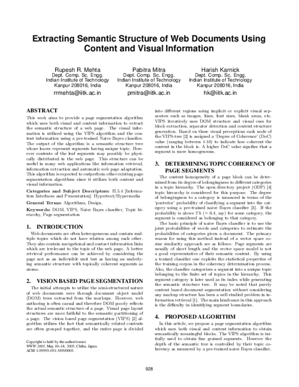 Pdf Extracting Semantic Structure Of Web Documents Using Content And Visual Information