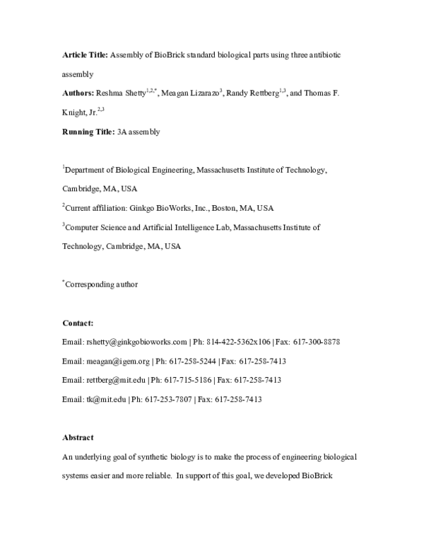 (PDF) Assembly of BioBrick Standard Biological Parts Using Three ...