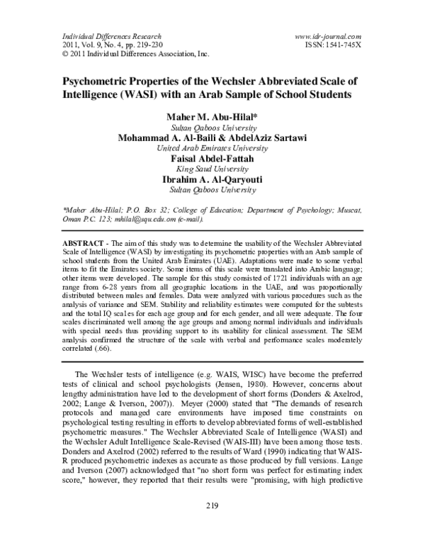 (PDF) Psychometric Properties of the Wechsler Abbreviated Scale of ...