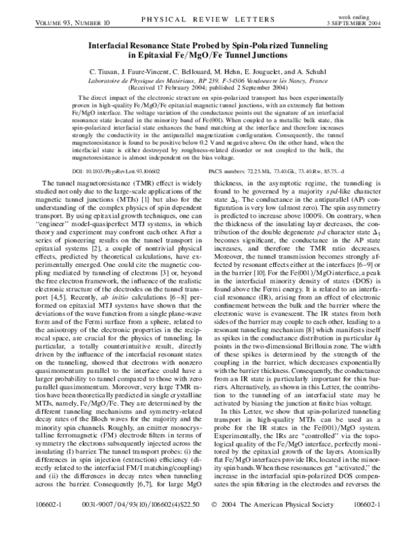 (PDF) Interfacial Resonance State Probed by Spin-Polarized Tunneling in Epitaxial Fe/MgO/Fe ...