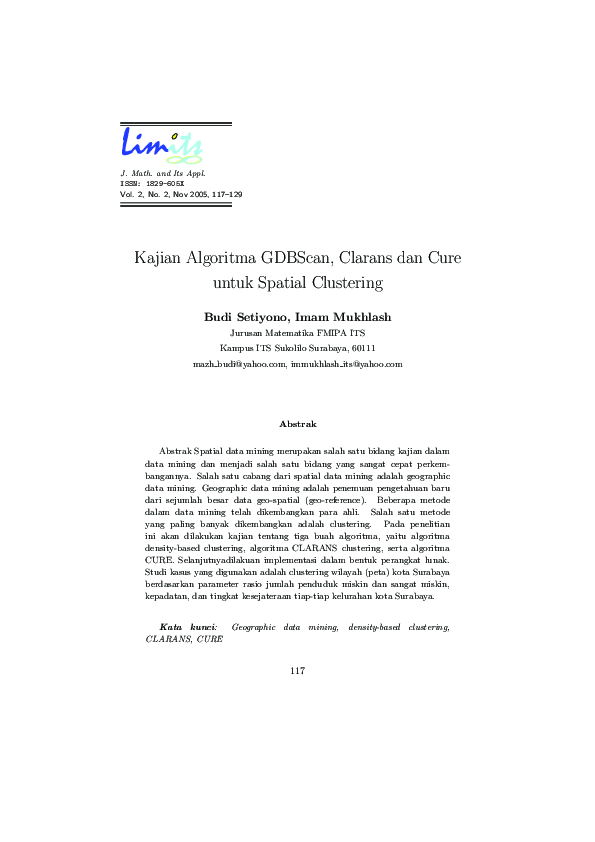 (PDF) Kajian Algoritma GDBScan, Clarans dan Cure untuk Spatial Clustering