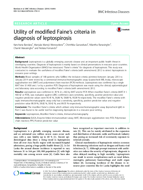 (PDF) Utility of modified Faine's criteria in diagnosis of leptospirosis