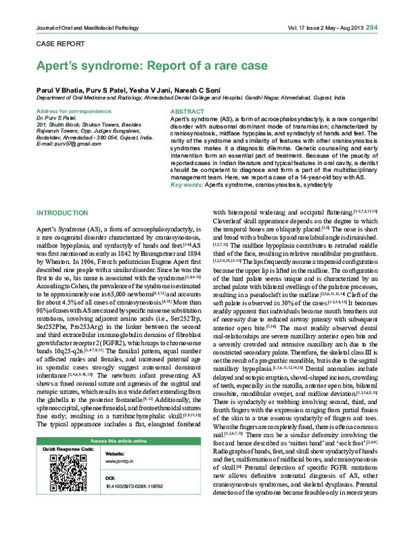 (PDF) Apert's syndrome: Report of a rare case