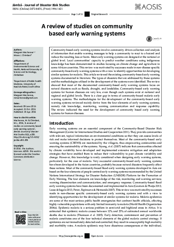 (PDF) A review of studies on community based early warning systems