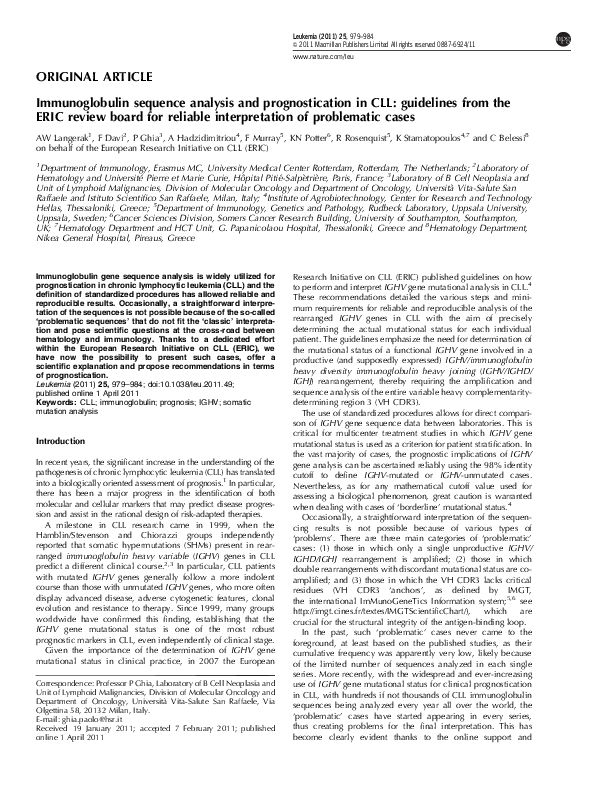 (PDF) Immunoglobulin sequence analysis and prognostication in CLL ...