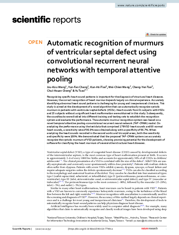 Pdf Automatic Recognition Of Murmurs Of Ventricular Septal Defect