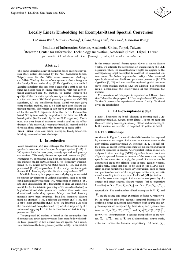 Pdf Locally Linear Embedding For Exemplar Based Spectral Conversion