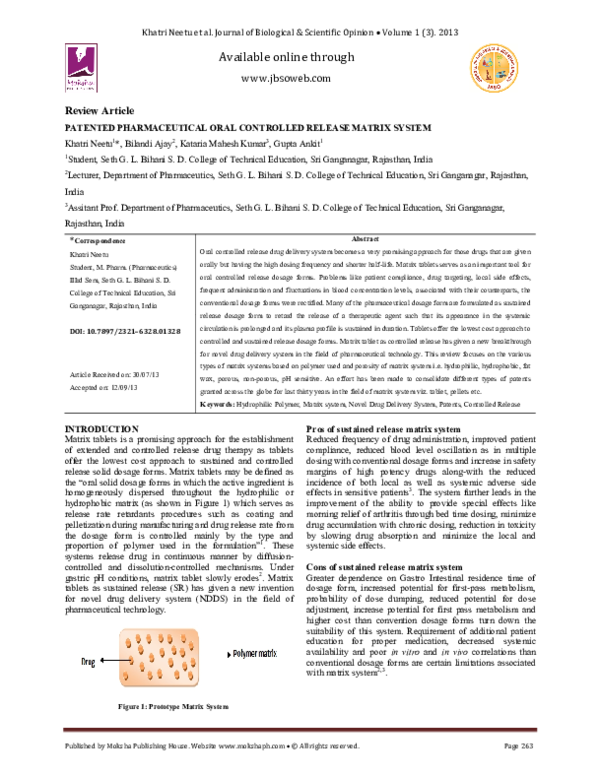 (PDF) Patented Pharmaceutical Oral Controlled Release Matrix System