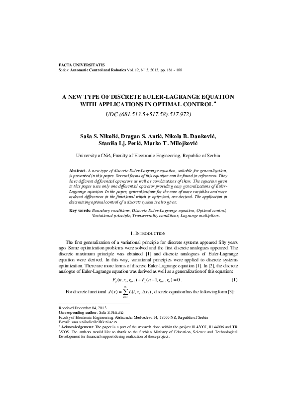 (PDF) A new type of discrete Euler-lagrange equation with applications in optimal control