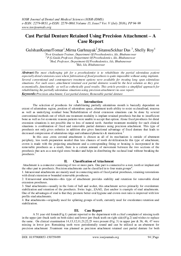 (PDF) Cast Partial Denture Retained Using Precision Attachment – A Case ...