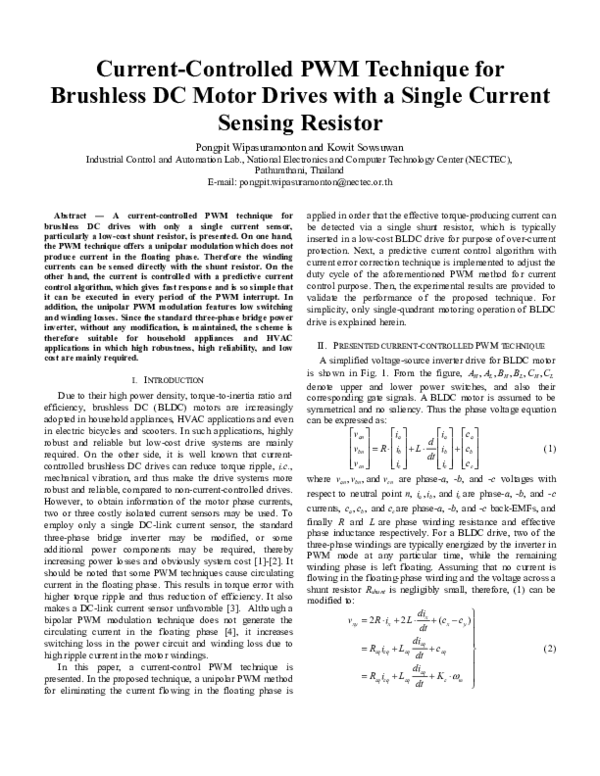 Pdf Current Controlled Pwm Technique For Brushless Dc Motor Drives With A Single Current 