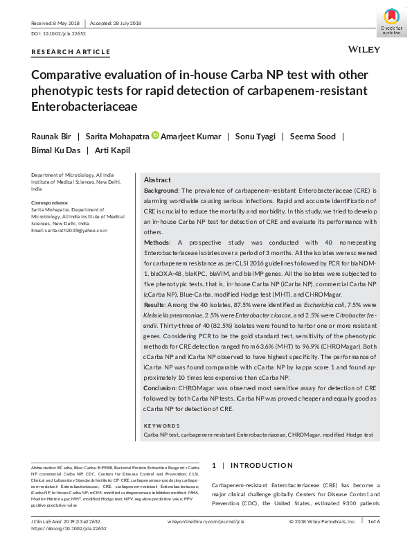 (PDF) Comparative evaluation of in-house Carba NP test with other ...