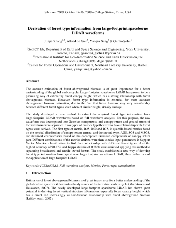 Pdf Derivation Of Forest Type Information From Large Footprint Spaceborne Lidar Waveforms