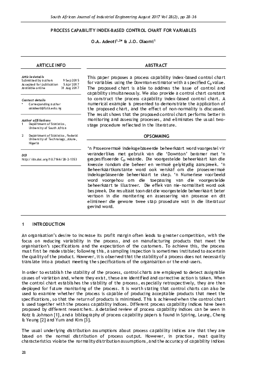 Pdf Process Capability Index Based Control Chart For Variables
