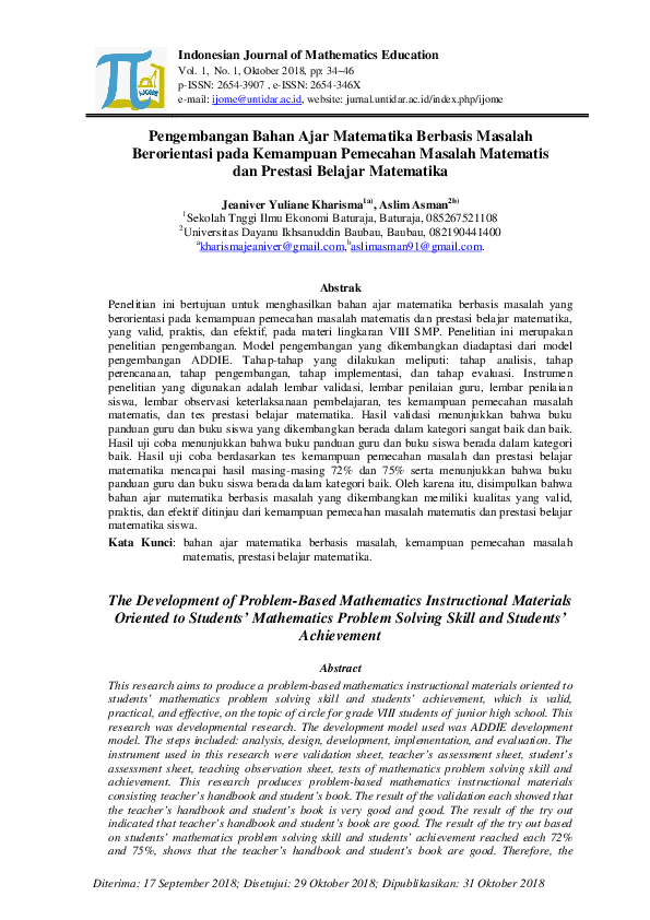 (PDF) Pengembangan Bahan Ajar Matematika Berbasis Masalah Berorientasi pada Kemampuan Pemecahan ...